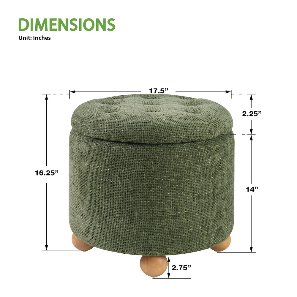 Naomi Storage Ottoman in Green Fabric with Natural Round Wood Feet