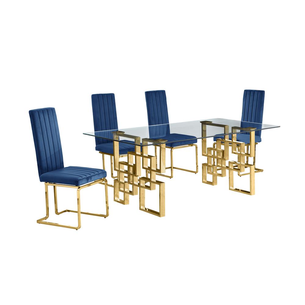 5 piece glam dining set with 4 Navy blue chairs and one 79 glass table