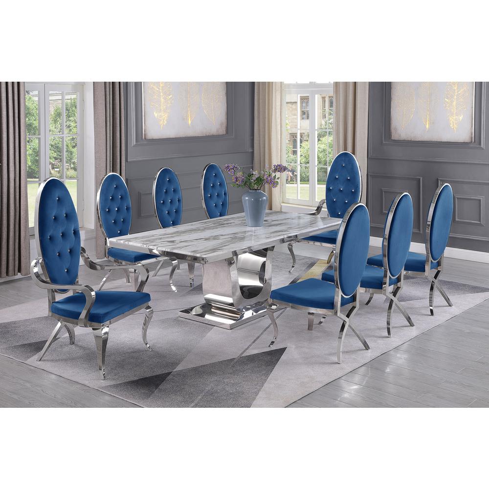 White Marble 9pc Set Tufted Faux Crystal Chairs and Arm Chairs in Navy ...