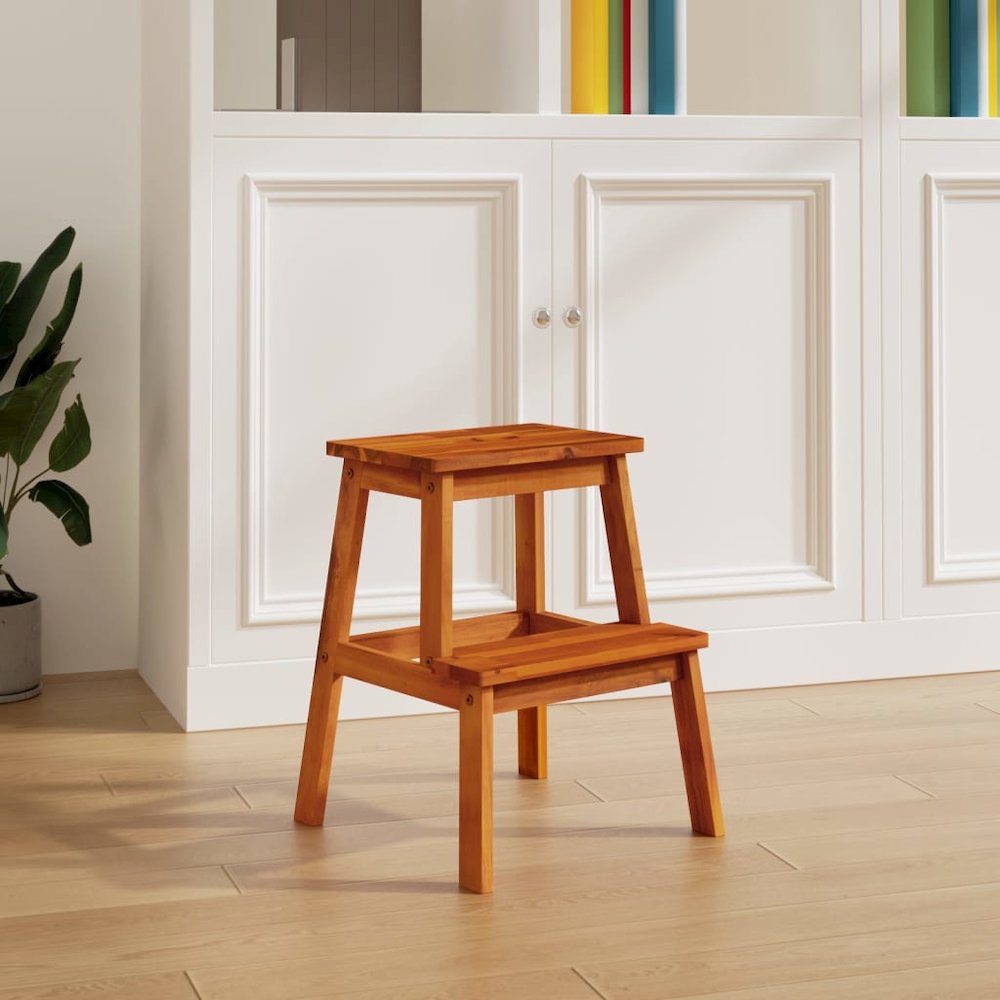 2 Step Stool Natural Wood Solid Acacia Wood Small Durable