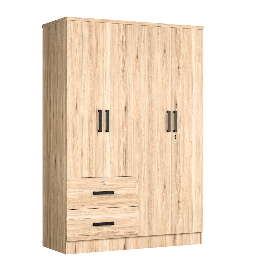 Woodpeckers Furniture and Mattress 4 Doors Wardrobe 2 Drawers with Shelves 48 inch Wide and 72 High Natural Oak