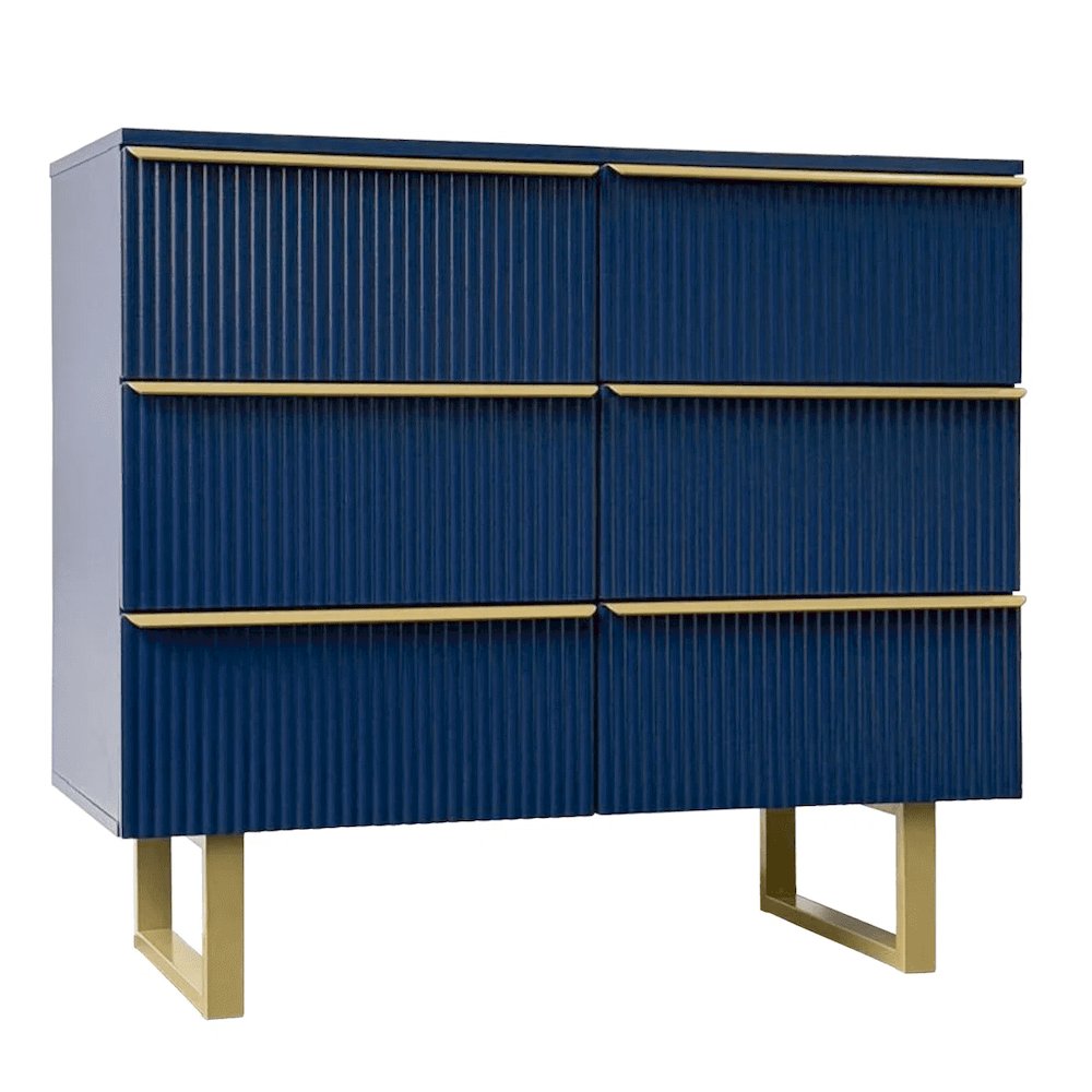 6-drawer Dresser In Mdf Wood With Gold Metal Legs And Handles in Blue Color