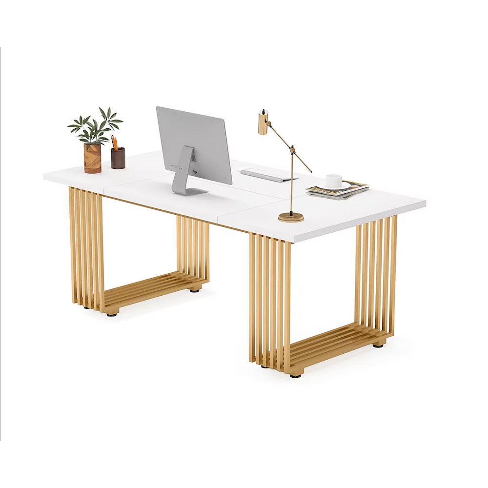 70.9" Modern White & Gold Faux Marble Executive Desk with Gold Legs