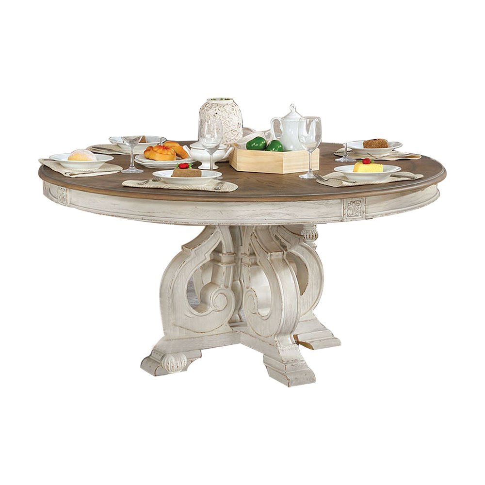Wood Round Dining Table in Antique White