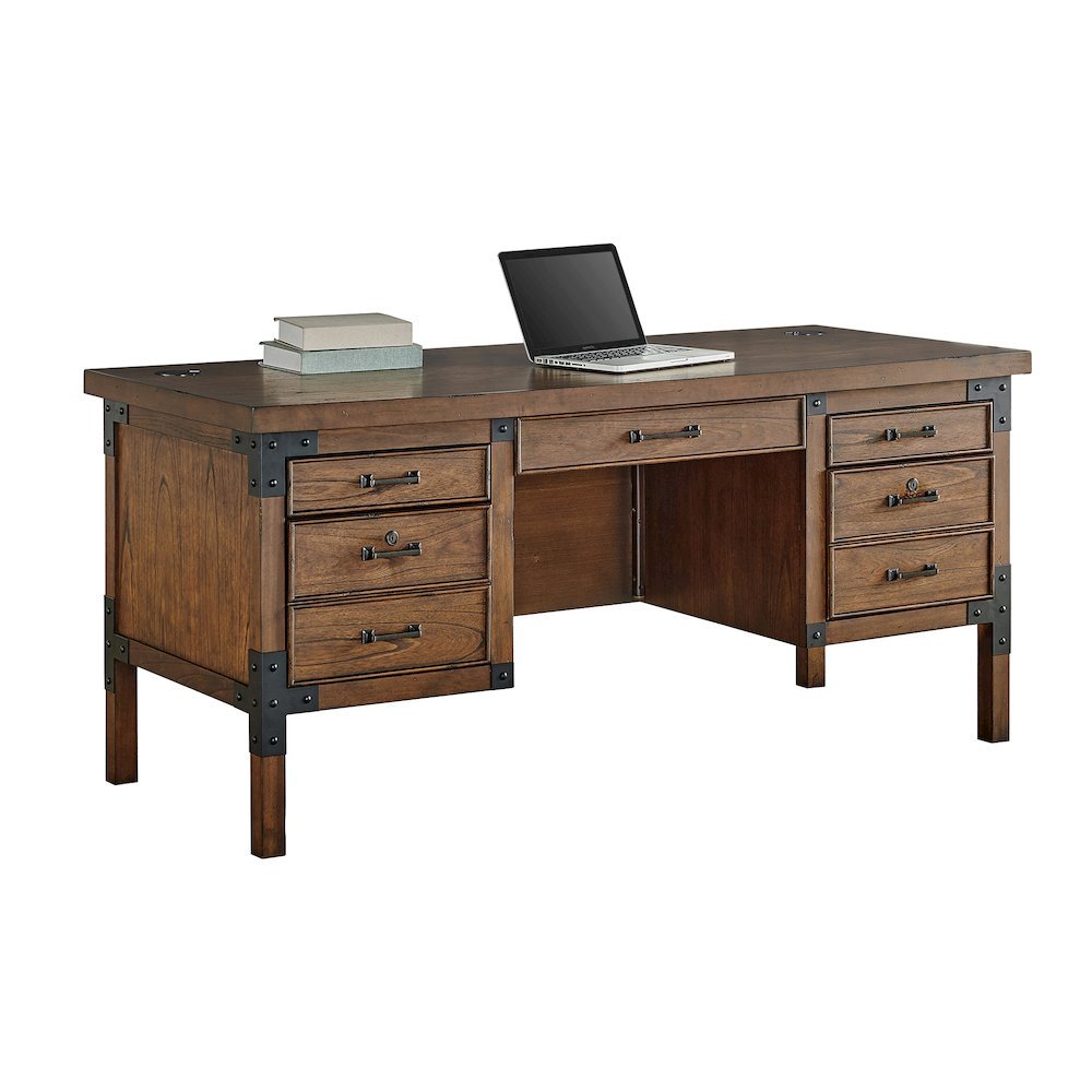 Rustic Half Pedestal Executive Desk with 5 Drawers, 2 Locking Files, Brown